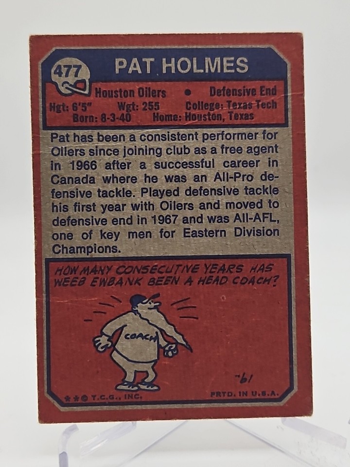 1973 Topps Football Pat Holmes Houston Oilers Card #477 | eBay