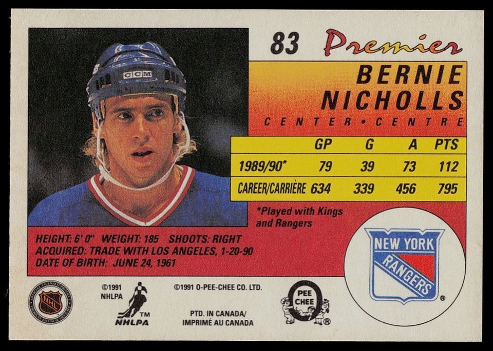 1990-91 O-Pee-Chee Premier Bernie Nicholls New York Rangers #83 | eBay