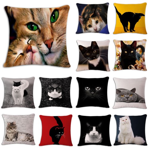 Chair Sofa Cushion Cover Cute Cat Printed Linen Waist Pillow Case Home ...