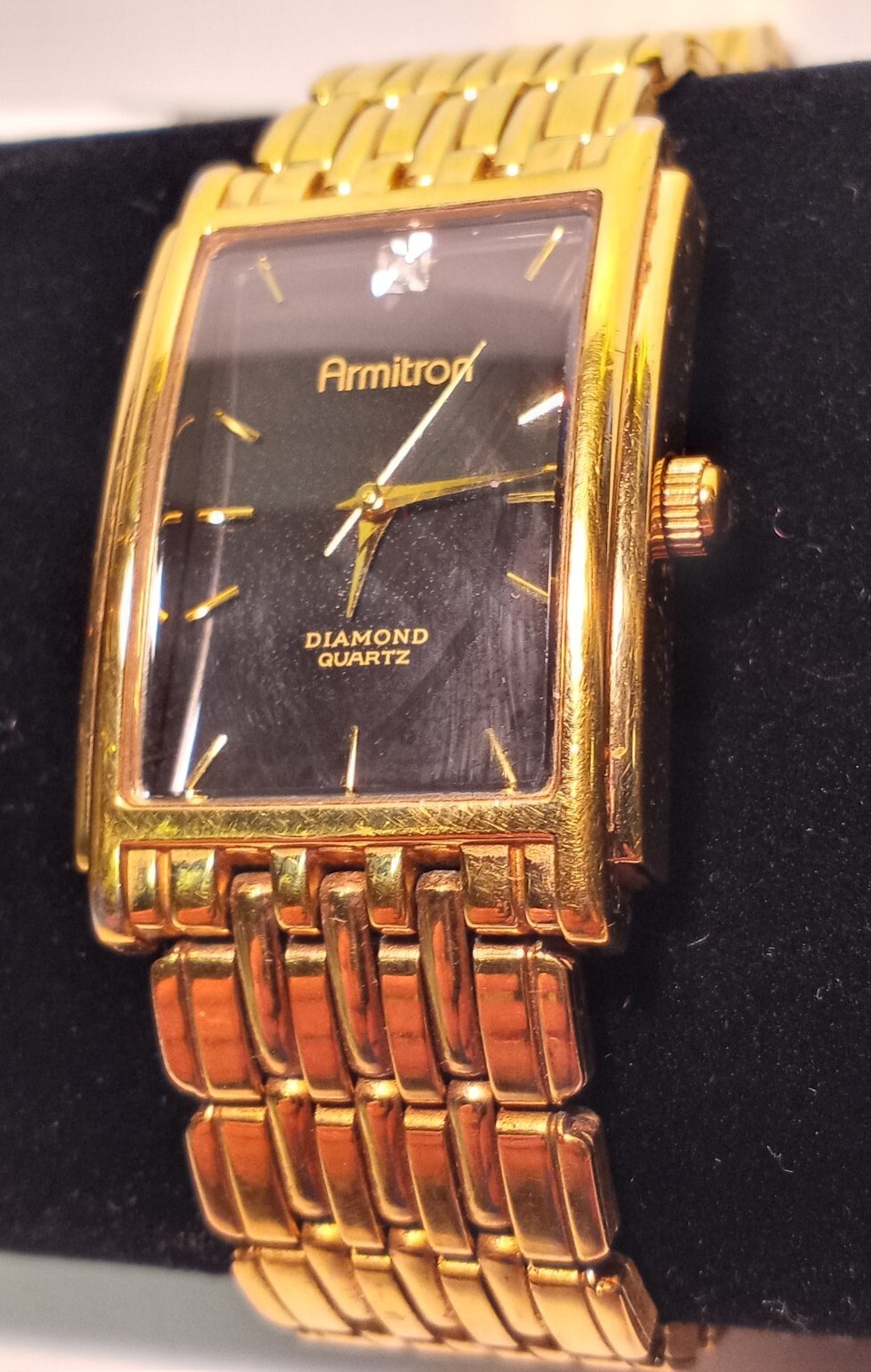 Vintage Armitron Diamond Swiss Watch Black Dial Goldtone Band Tank 20/ ...