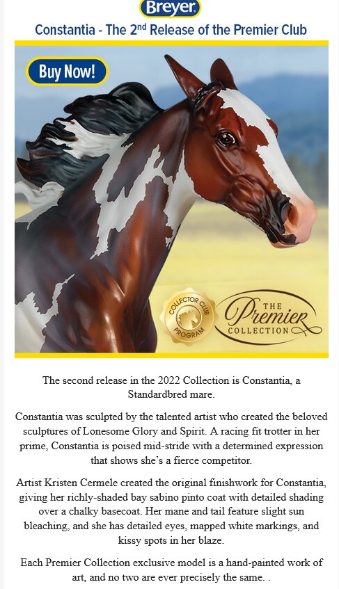 Breyer Constantia 2022 Premier Club Model Horse Standardbred Pinto Mare ...
