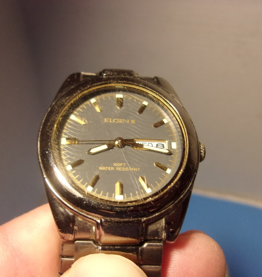 Vtg. Elgin II Men's FCT012 Day Date Black Expansion Quartz Watch Needs ...