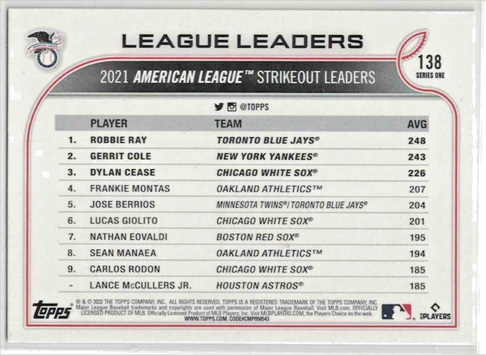 2022 TOPPS ROYAL BLUE #138 ROBBIE RAY/GERRIT COLE/DYLAN CEASE STRIKEOUT ...