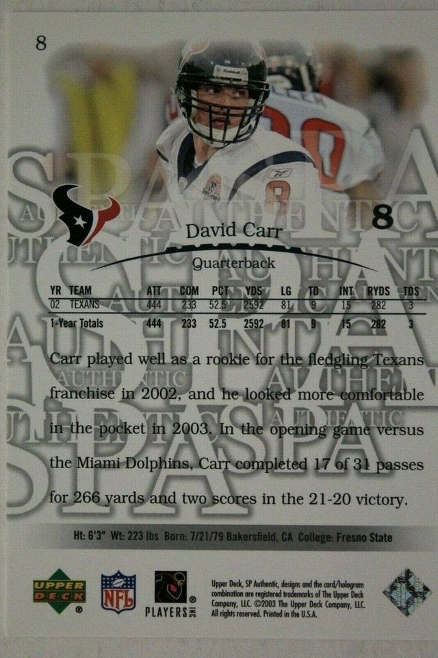 David Carr Houston Texans Autographed 2003 Upper Deck Football Card #8 ...