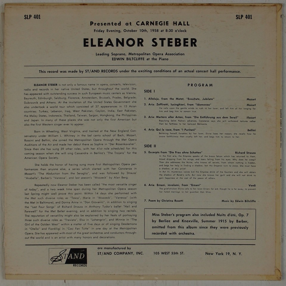 ELEANOR STEBER: At Carnegie Hall, Actual Performance STAND DG LP VG++ ...