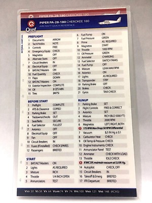 PIPER PA-28-180 CHEROKEE 180 QUICK REF CHECKLISTS 2 Cards p/n PA-CHE ...