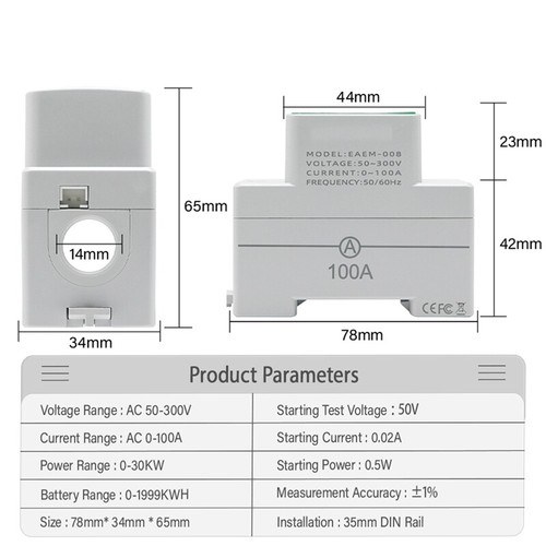 4IN1 Din Rail AC Monitor AC50-300V 100A Voltage Power Watts KWH ...