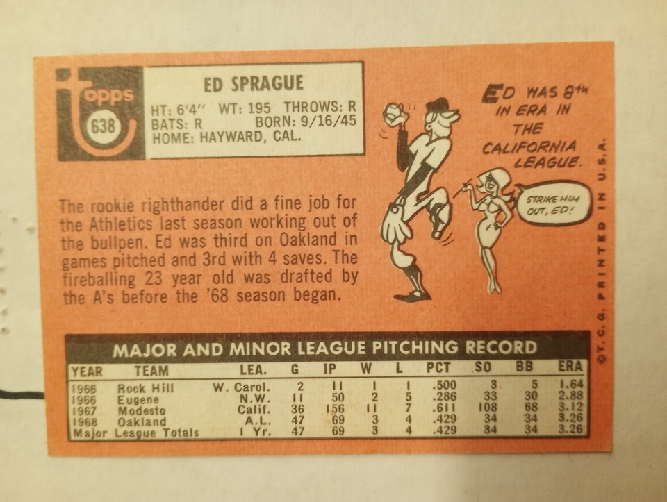 1969 Topps Baseball Ed Sprague card #638 in vg/ex condition | eBay