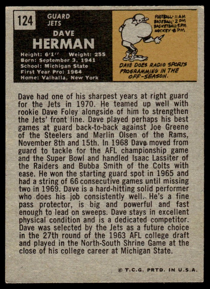 1971 Topps #124 Dave Herman Football New York Jets | eBay