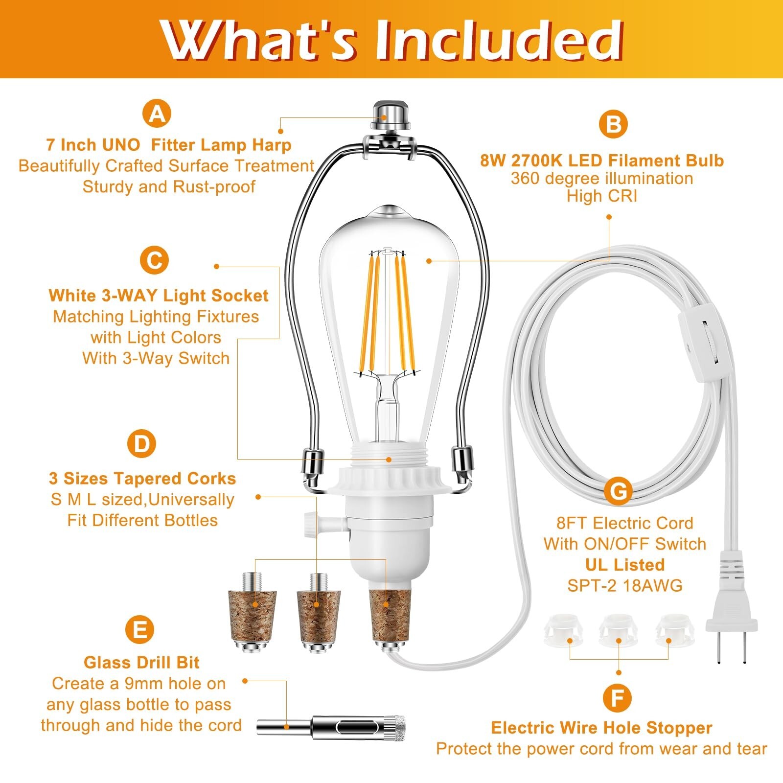 DIY Bottle Lamp Wiring Kit - Includes Bulb, 3-Way Socket, Electric Cord ...