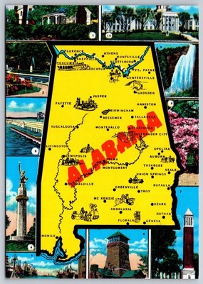 Postcard Alabama Illustrated Map With Cities Landmarks Waterfalls Parks ...