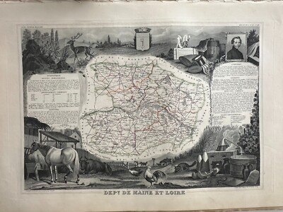 Departmental Map Atlas Levasseur 1845 Engraving Paris " The Maine And ...
