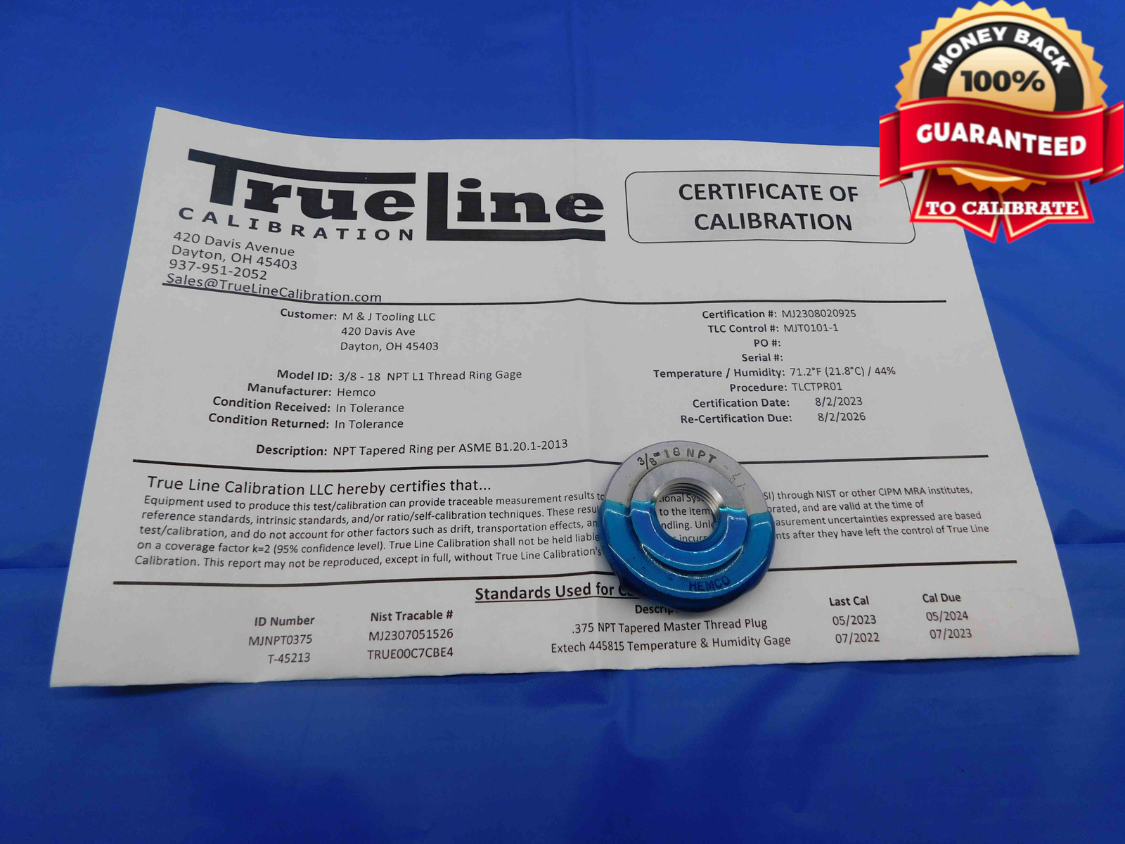 CERTIFIED 3/8 18 NPT L1 PIPE THREAD RING GAGE .375 .3750 N.P.T ...