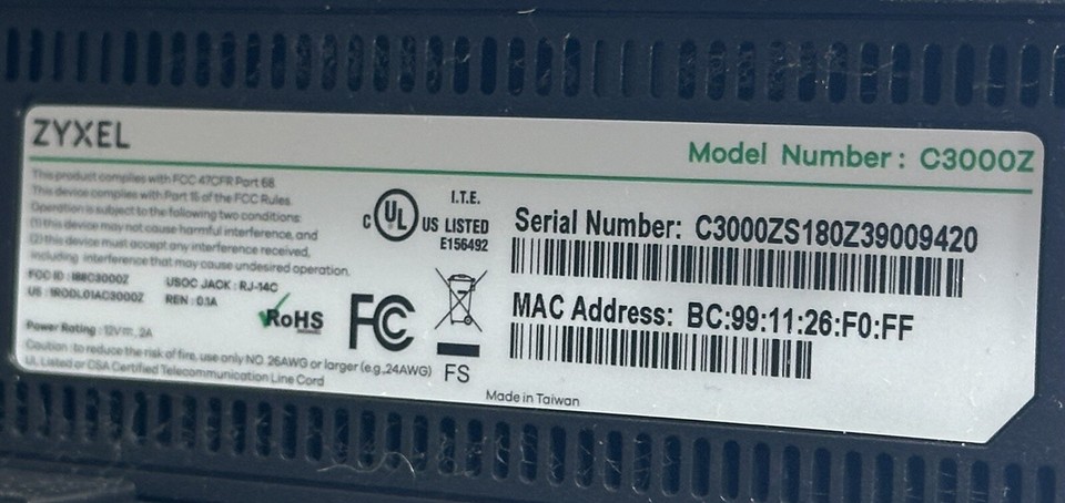 CenturyLink ZyXEL C3000Z DSL Modem Wireless Router w/ AC Adapter | eBay