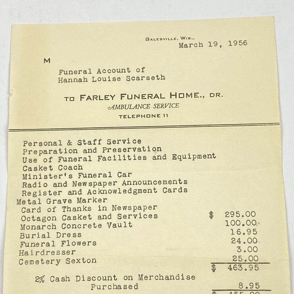 1956 Receipt Farley Funeral Home Galesville WI Casket & Services $455 ...