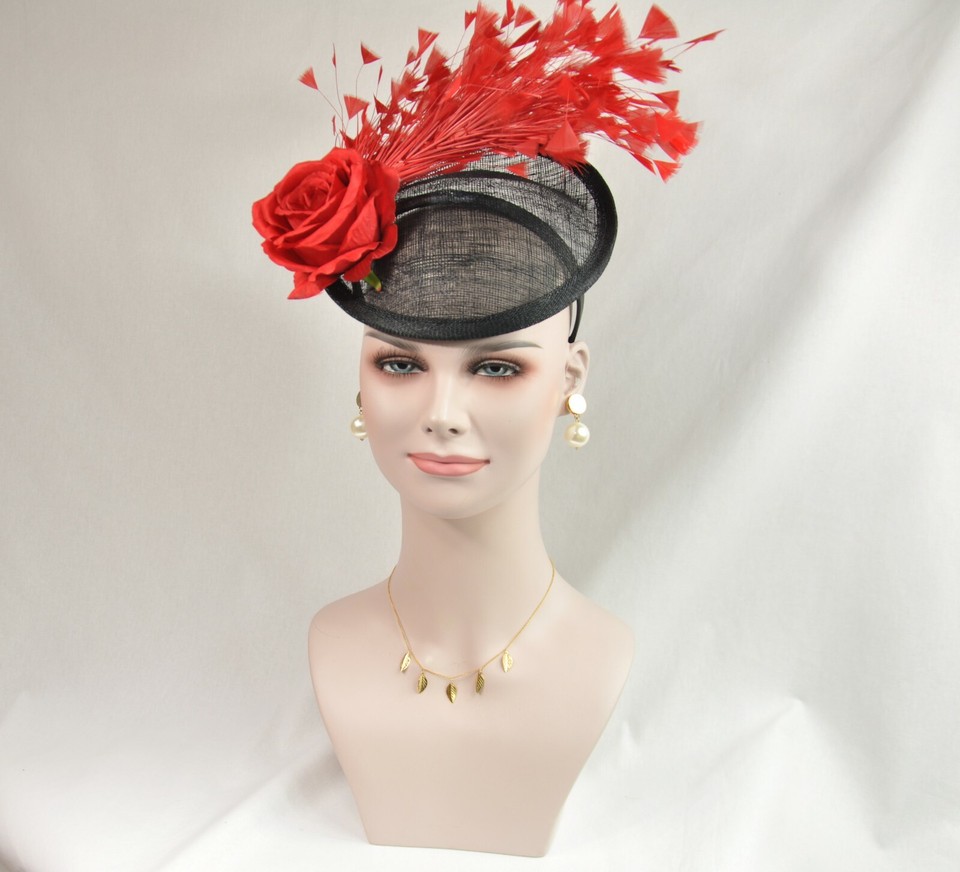 Red Feather Flower with Sinamay Fascinator Hat Kentucky Derby Wedding ...
