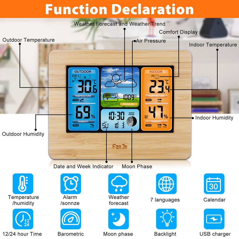 Digital LCD Indoor Outdoor Weather Station Clock Calendar Thermometer ...