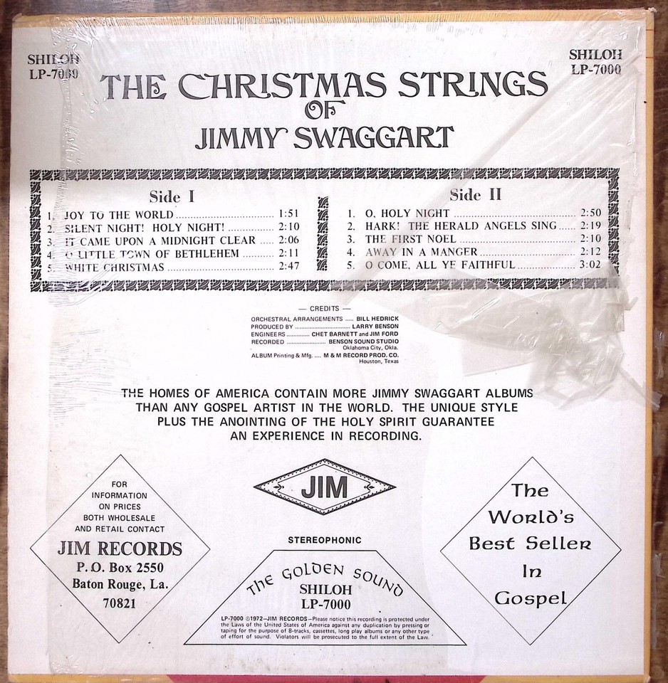 JIMMY SWAGGART THE CHRISTMAS STRINGS OF JIMMY SWAGGART SHILOH VINYL LP ...