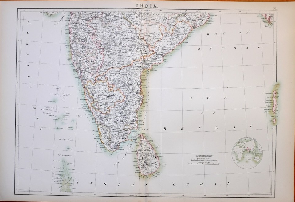 1897 ANTIQUE MAP SOUTHERN INDIA CEYLON MYSORE NIZAMS DOMINIONS PANJIM ...