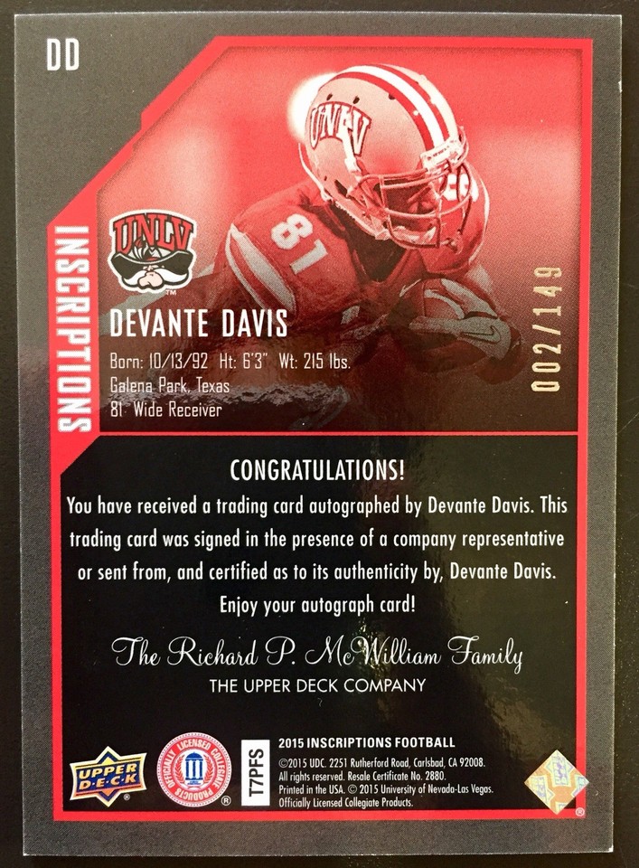 2015 Inscriptions Devante Davis Autograph “#UNLV” Red Refractor RC 2/ ...