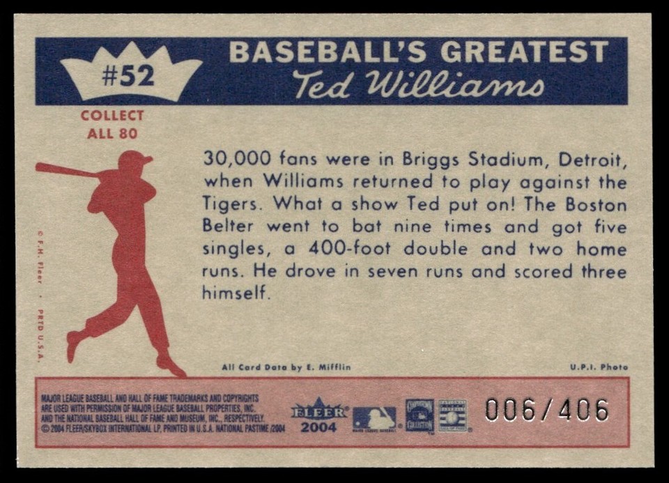 2004 Fleer National Pastime 1959 Ted Williams Reprint Ted Williams 006/ ...