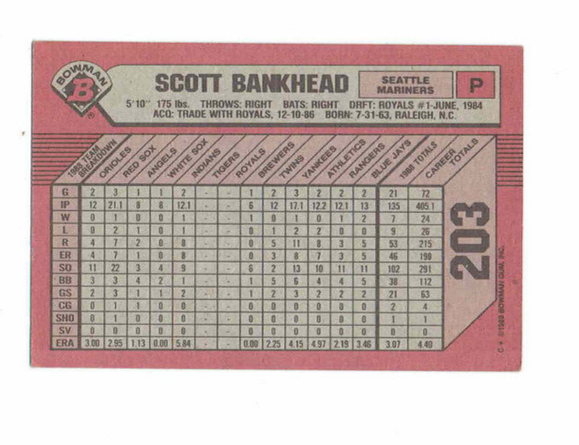 Scott Bankhead Seattle Mariners Pitcher #203 Bowman 1989 #Baseball Card ...