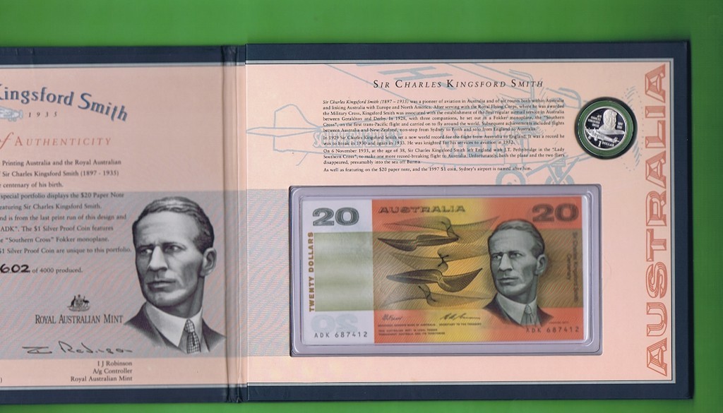 #D347. 1997 SIR KINGSFORD SMITH COMMEMORATIVE $20 NOTE / SILVER $1 ...