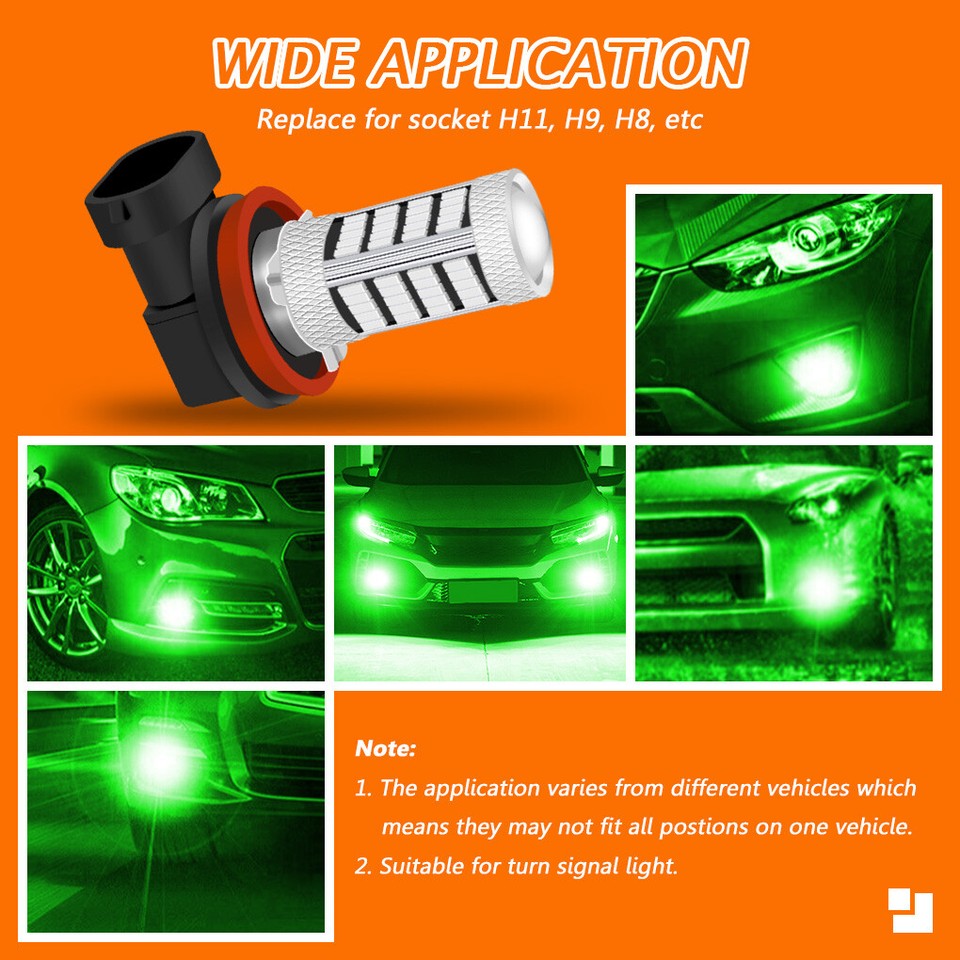 2Pcs H11 H9 H8 2000K Green LED Bulbs SMD 3030 Fog Driving Light Super ...