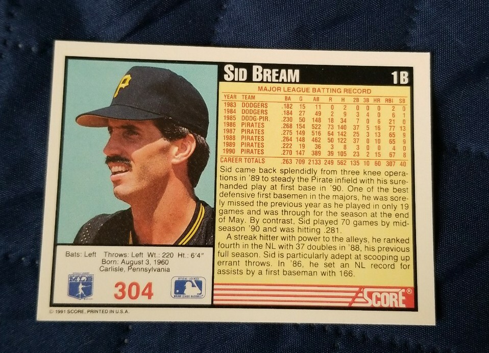 1991 Score Pittsburgh Pirates Baseball Card #304 Sid Bream | eBay