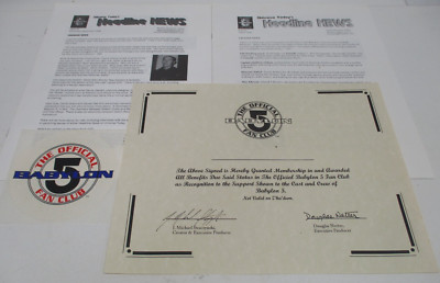 1998 Lot OFFICIAL BABYLON 5 FAN CLUB Certificate STICKER Newsletters ...