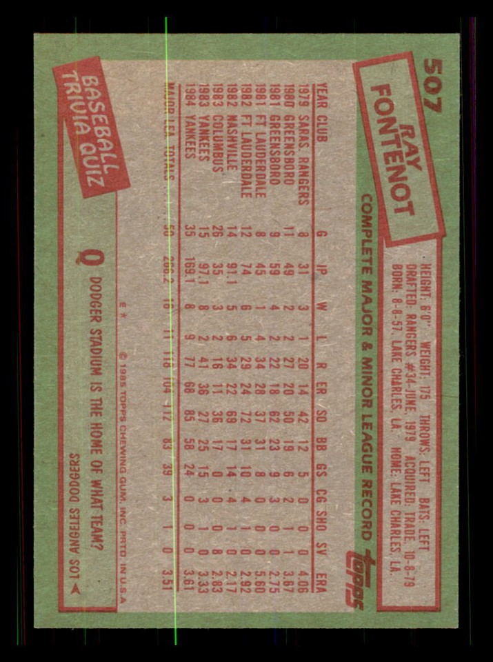 1985 Baseball 1985 Topps Ray Fontenot New York Yankees #507 1 | eBay