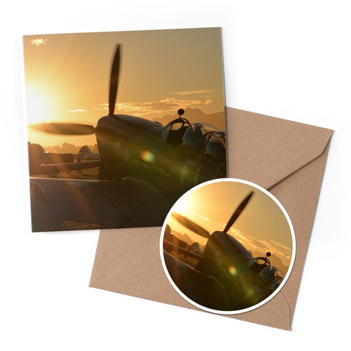 1 x Greeting Card & 10cm Sticker Set - Sunset Spitfire Air Force Plane ...