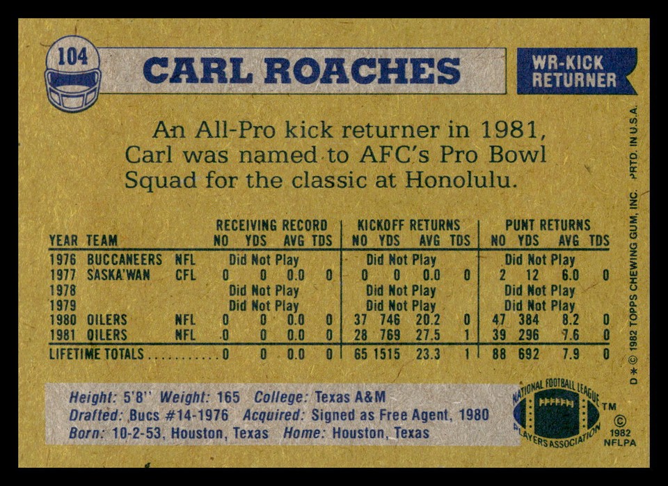 1982 Topps #104 Carl Roaches Houston Oilers AP Football Card EX/NM | eBay