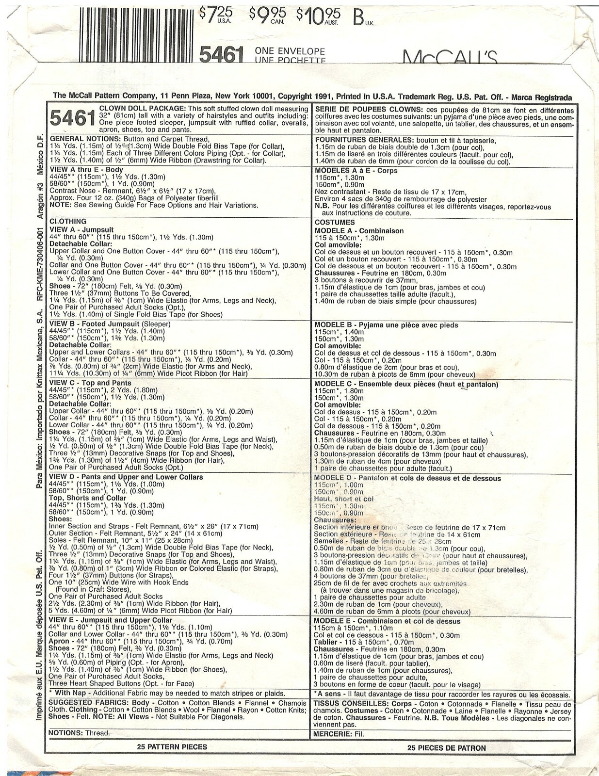 1991 McCall's Crafts 5461 Circus Memories Clown Doll package sewing ...