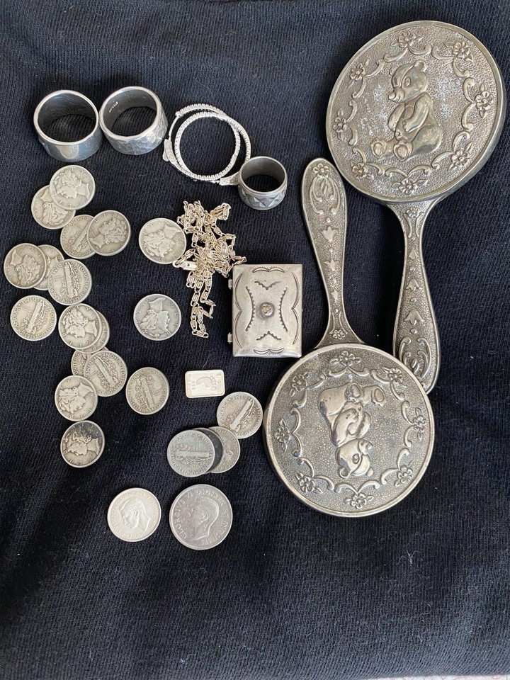 LOT 925 Sterling Silver Jewelry Lot Wearable & Scrap Coins Rings 250 ...
