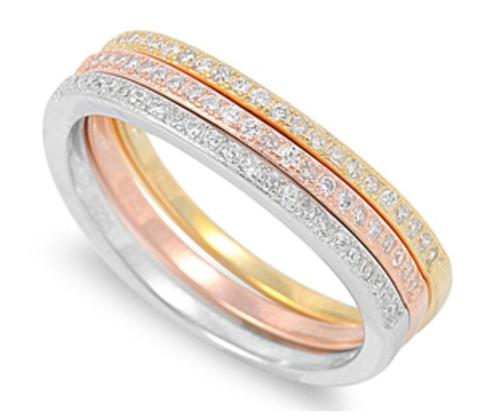 .925 Sterling Silver 2MM TRI-COLOR STACKABLE HALF ETERNITY CZ RINGS ...