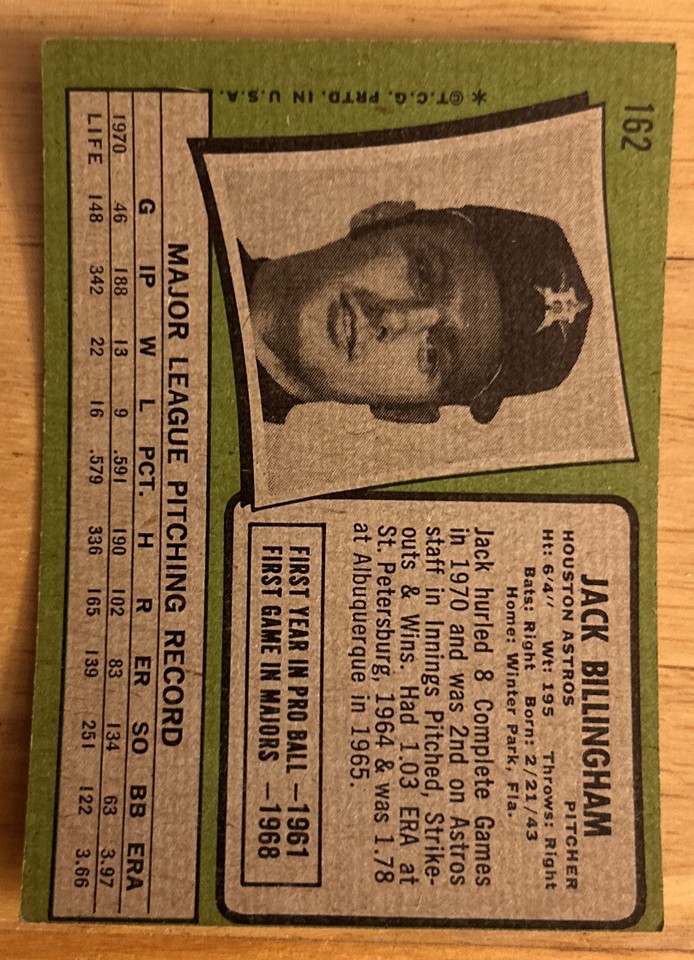 1971 Topps Jack Billingham Baseball Card #162 Astros Pitcher O/C Good ...