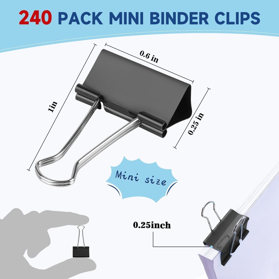 240 Pack Mini Binder Clips, Black Binder Clips, Small Paper Clips 15mm ...