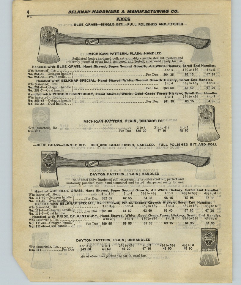 1927 PAPER AD Blue Grass Axe Axes Michigan Dayton Pattern | eBay