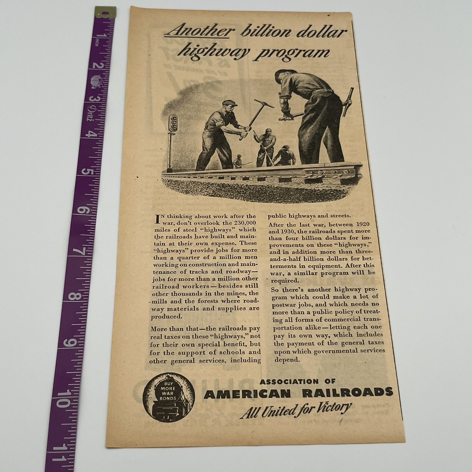 1945 Association of American Railroads Print Ad 11x5" All United For ...