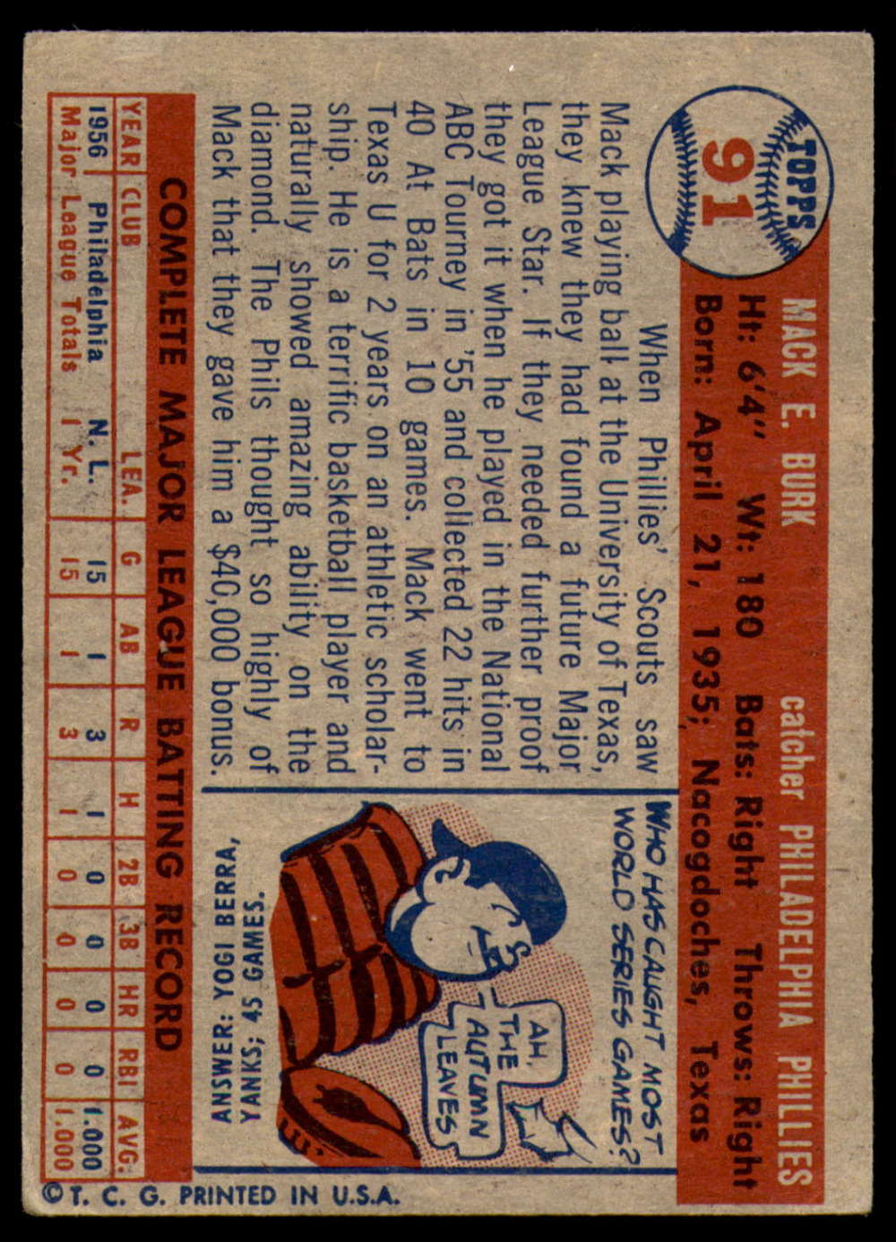 1957 Topps #91 Mack Burk Very Good RC Rookie Phillies ID:228733 | eBay