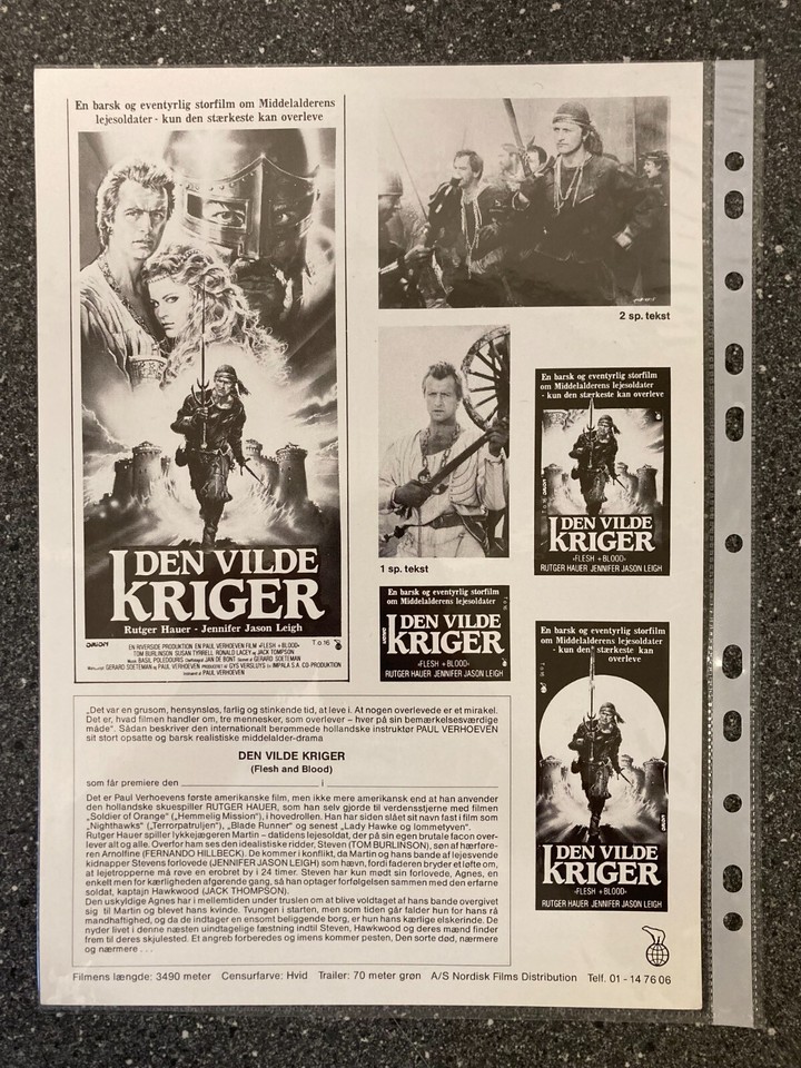 Flesh+Blood Rutger Hauer, Jennifer Jason Leigh 1985 Danish Press ...