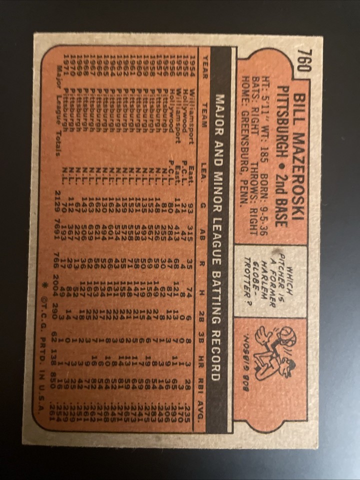 1972 Topps HIGH NUMBER SHORT PRINT #760 Bill Mazeroski HOF SP EX MINT ...