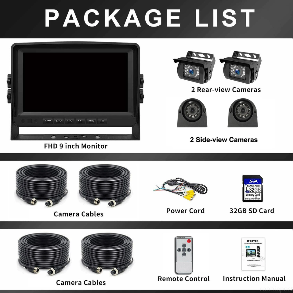 Panorama 9" QUAD Monitor DVR 4x 1080P Backup Cameras + for RV Truck ...