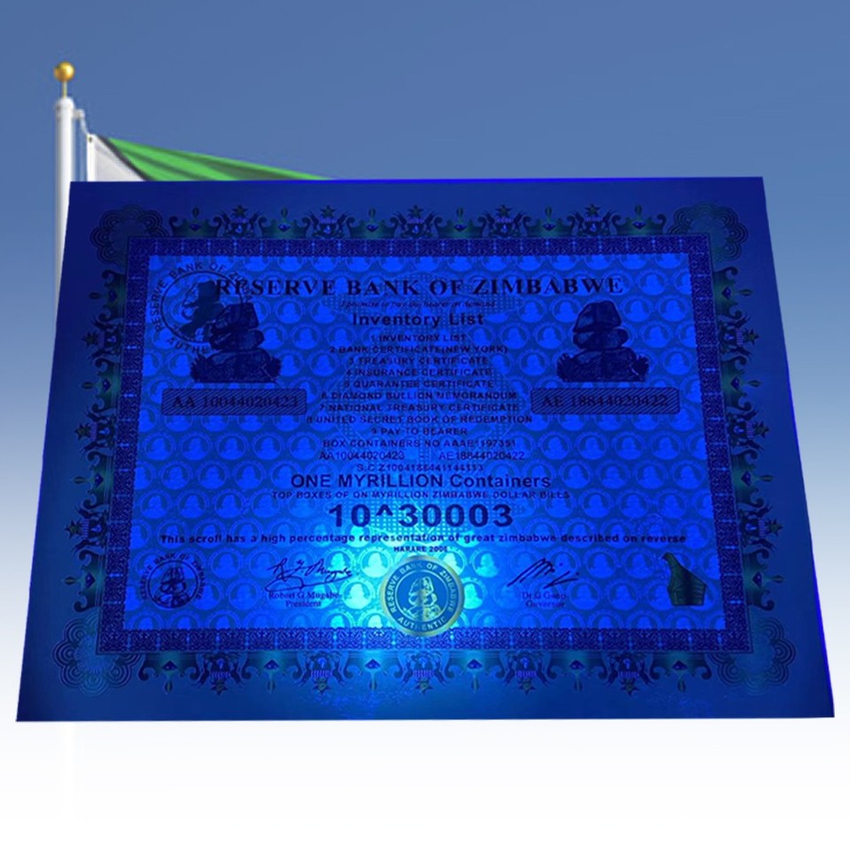 Zimbabwe One Myrillion Containers Paper Certificate with UV Banknote ...