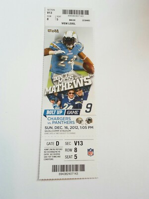 2012 San Diego Chargers Carolina Panthers NFL Football Full Ticket Stub ...