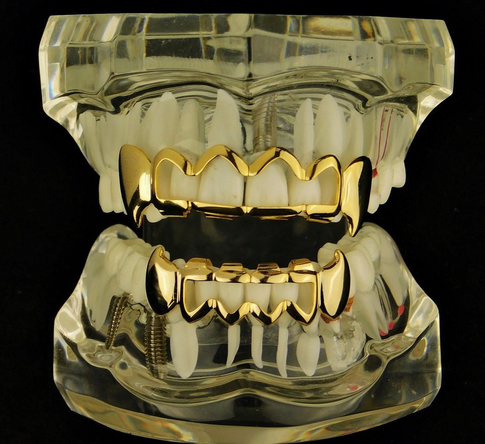 14k Gold Plated Fang Grillz Set 4 Full Open Teeth Vampire Grill Pre ...