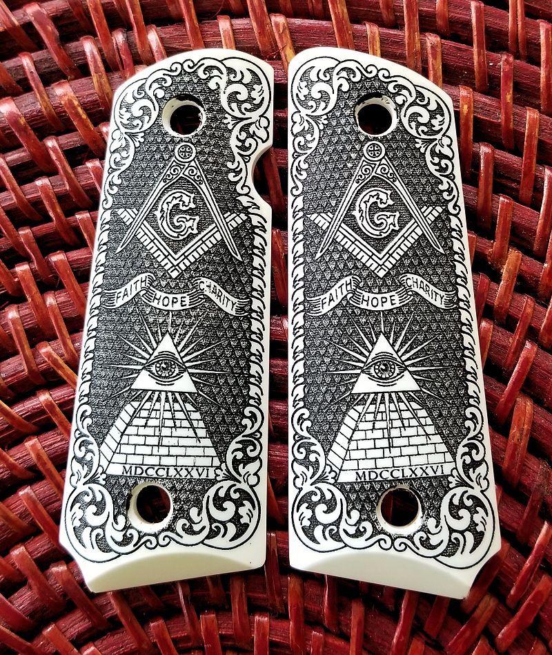 Compact 1911 custom 3D engraved ivory grips Masonic All Seeing Eye ...