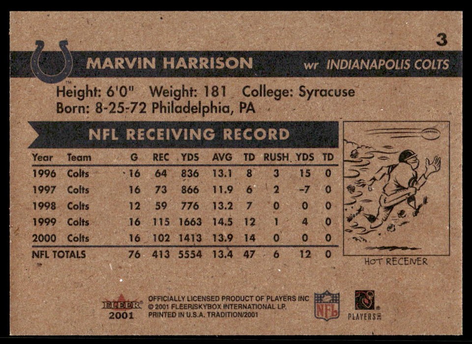2001 Fleer Tradition 3 Marvin Harrison Indianapolis Colts Football Card ...