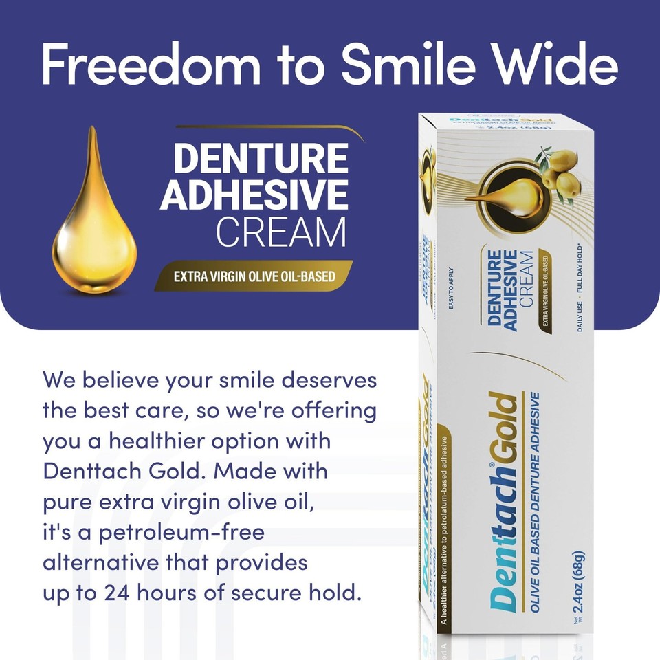 Denttach Gold Denture Adhesive, Petroleum Free Olive Oil Based Premium ...